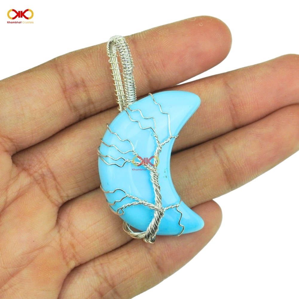 Blue Glass Tree Wire Wrapped Moon Pendant | Khambhat Crystals