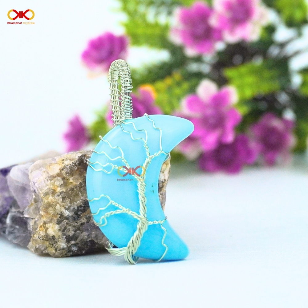 Blue Glass Tree Wire Wrapped Moon Pendant | Khambhat Crystals