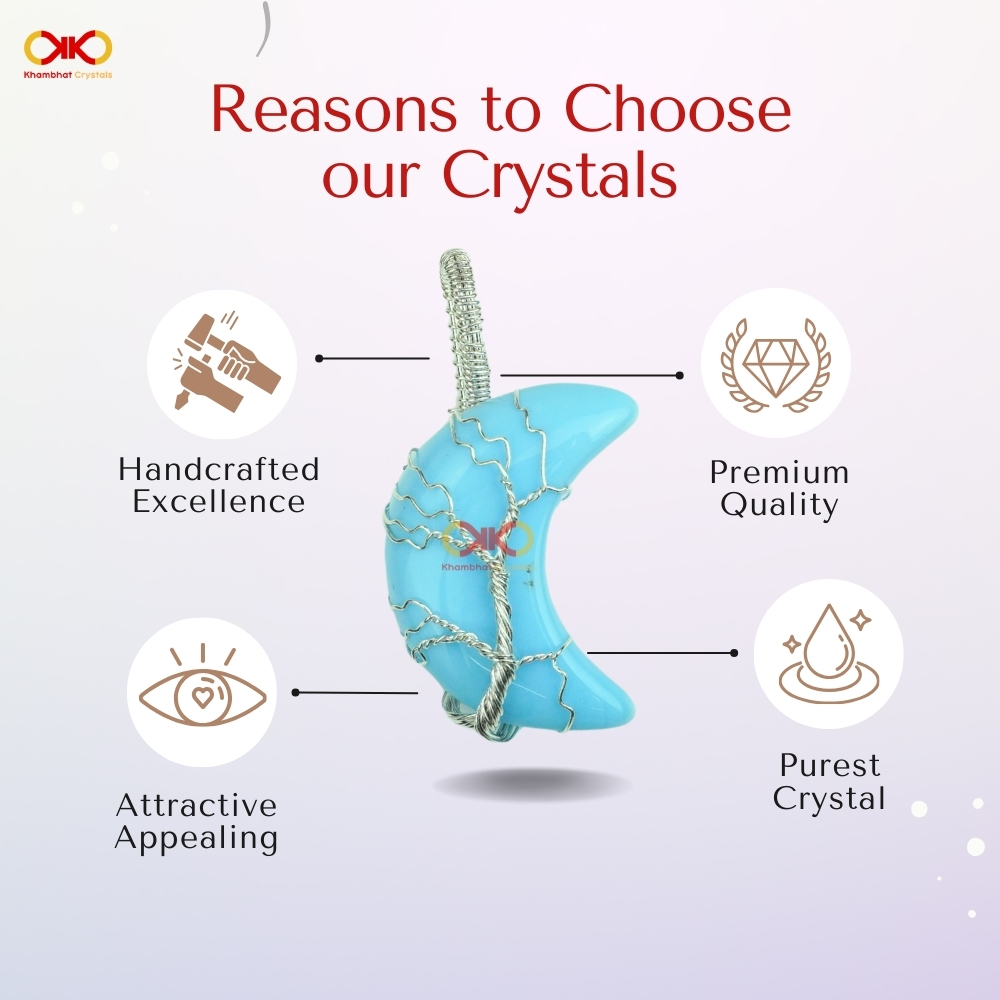 Blue Glass Tree Wire Wrapped Moon Pendant | Khambhat Crystals