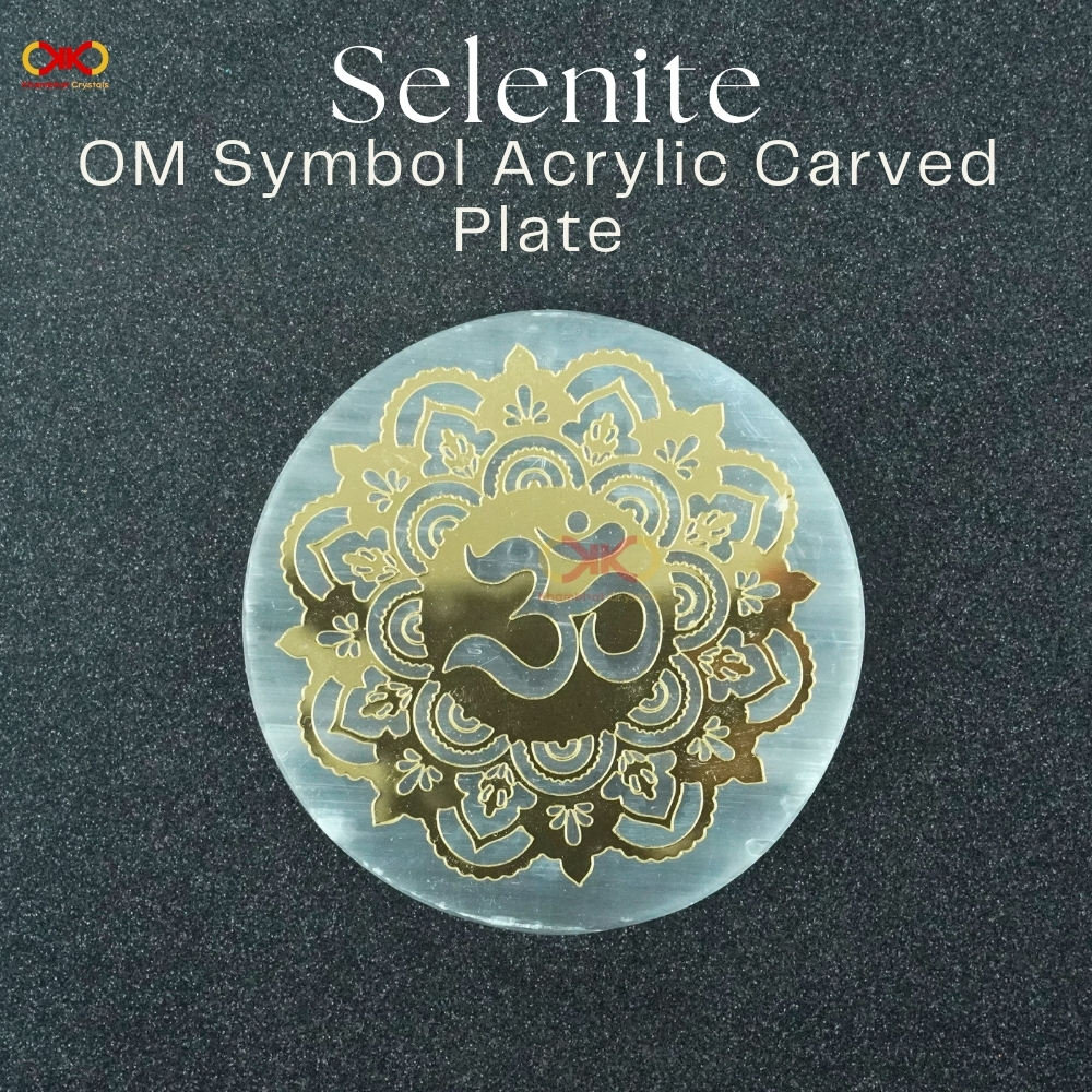 Selenite OM Symbol Acrylic Carved Plate | Khambhat Crystals
