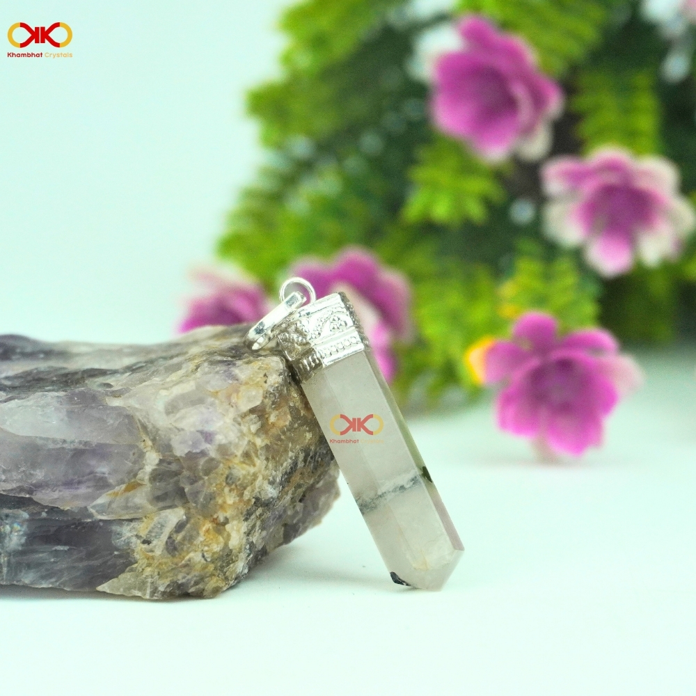 White Rutile Pencil Pendant | Khambhat Crystals